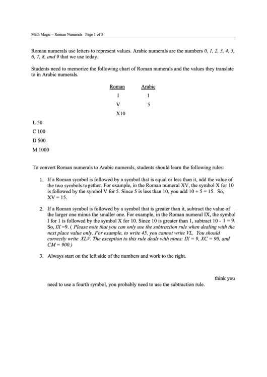Roman Numerals Math Worksheet printable pdf download