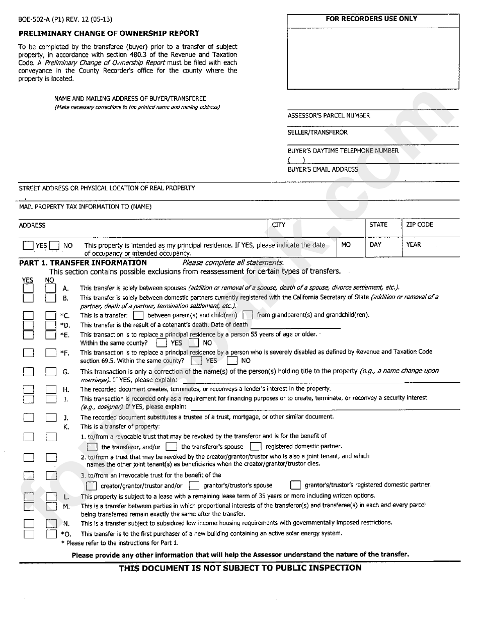 Form Boe 502 A P1 Preliminary Change Of Ownership Report 2013 Form Boe 502 A P1 Preliminary Change Of Ownership Report 2013