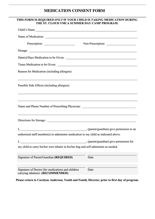 Medication Consent Form - St Cloud Ymca printable pdf download