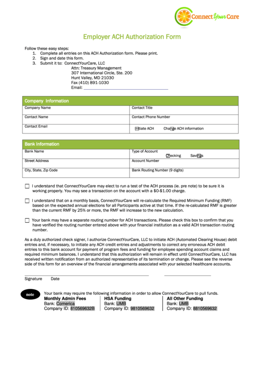 Employer Ach Authorization Form - Connectyourcare printable pdf download
