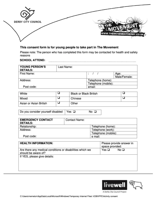 Activity Consent Form - The Movement Derby printable pdf download