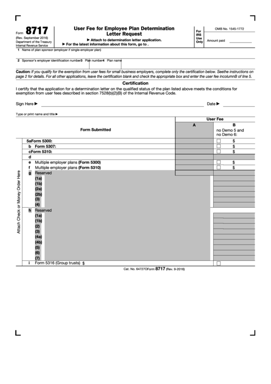 Fillable Form 8717 - User Fee For Employee Plan Determination Letter ...