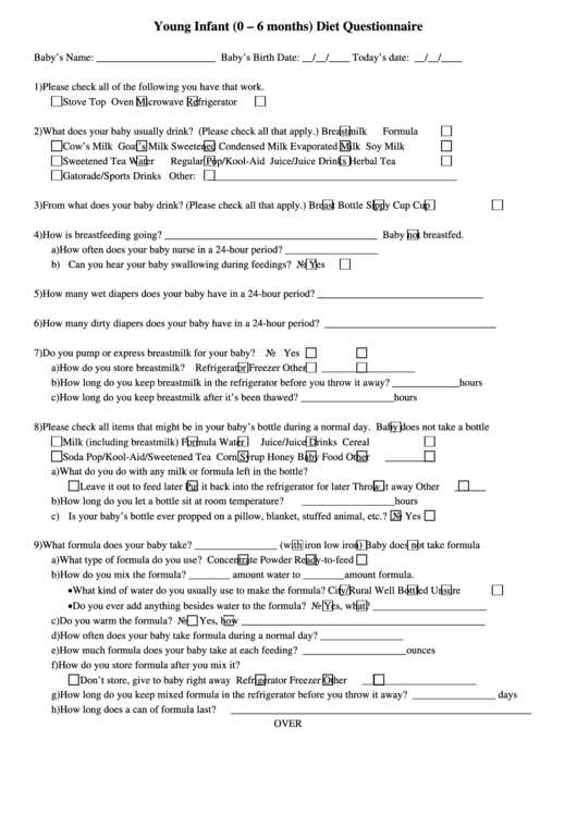 Young Infant (0 - 6 Months) Diet Questionnaire Template printable pdf ...