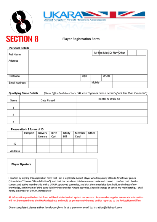 S8 Player Registration Form printable pdf download
