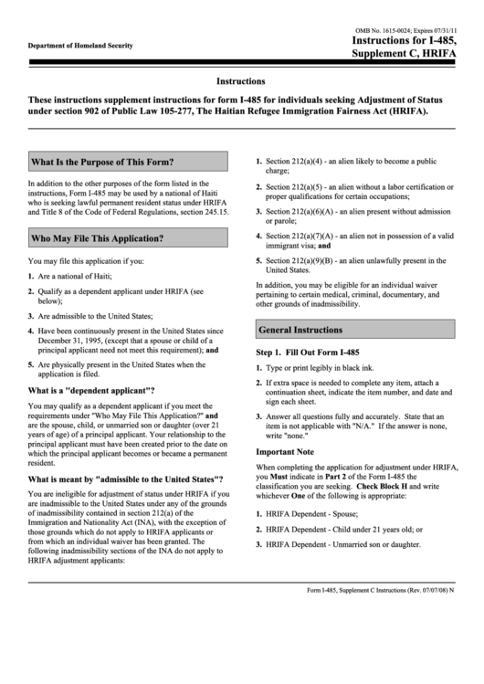 Instructions For I-485, Supplement C, Hrifa printable pdf download