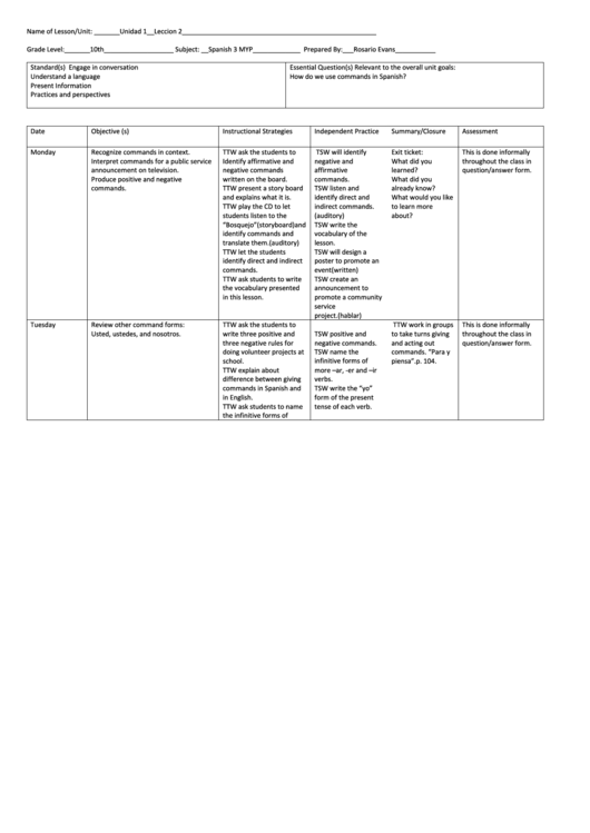 Spanish Lesson Plan Printable Pdf Download
