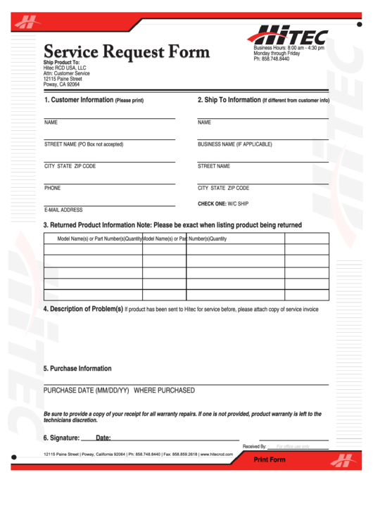 Fillable Service Request Form - Hitec printable pdf download