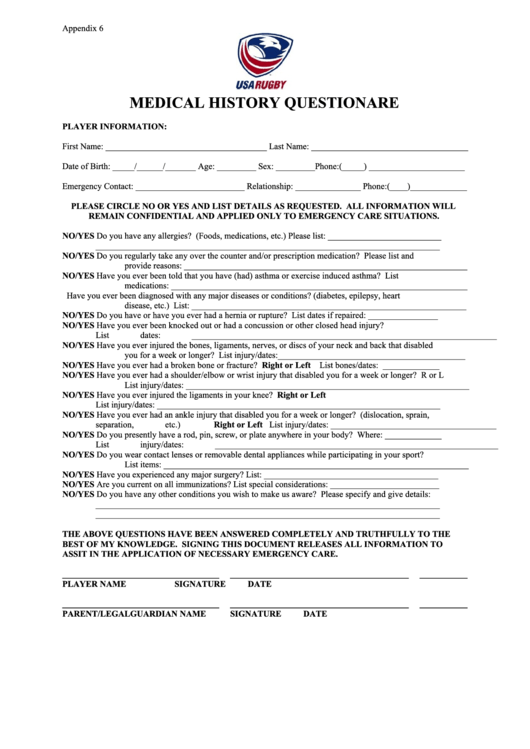 Medical History Questionare printable pdf download