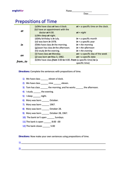 Prepositions Of Time printable pdf download