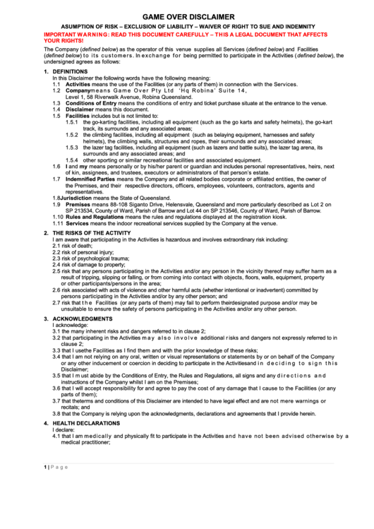 Game Over Disclaimer printable pdf download