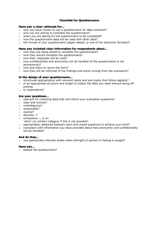 Checklist For Questionnaire printable pdf download