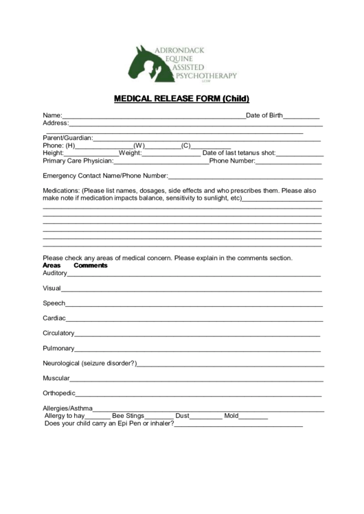 Medical Release Form (Child) printable pdf download