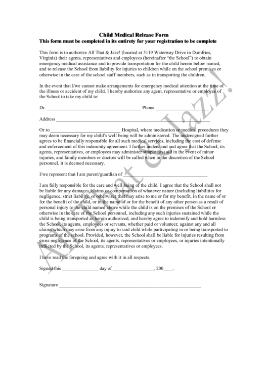 Child Medical Release Form printable pdf download