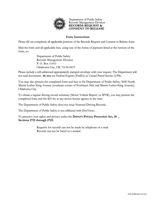 Fillable Dps 303rm - Records Request & Consent To Release printable pdf ...