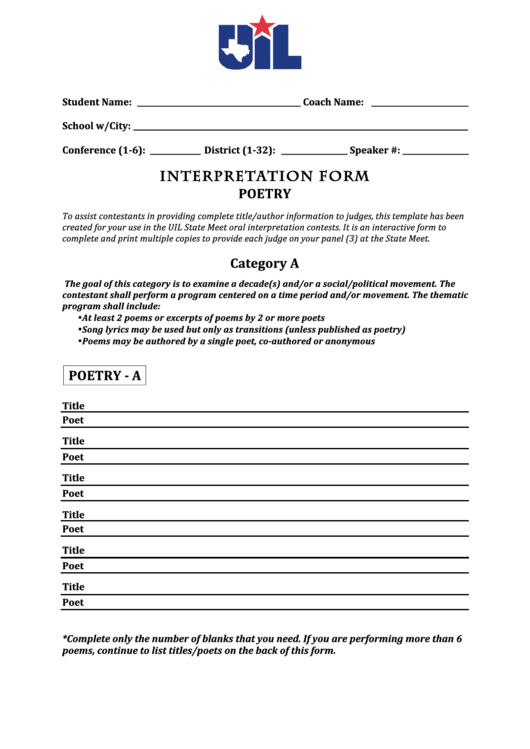 Fillable Interpretation Form Poetry - State Meet printable pdf download