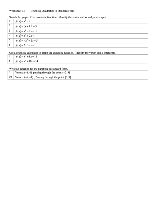 Top 28 Graphing Quadratics In Standard Form Worksheet Templates Free To 