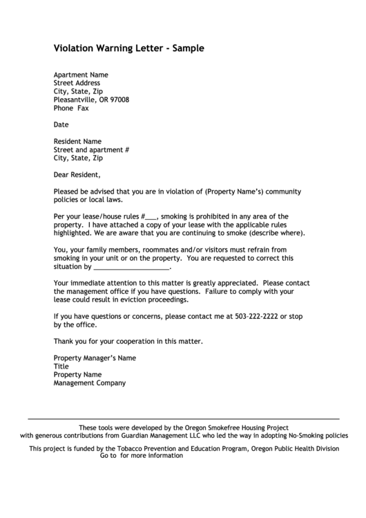 Sample Violation Warning Letter Template Printable Pdf Download