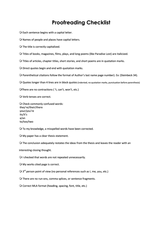 Proofreading Checklist printable pdf download