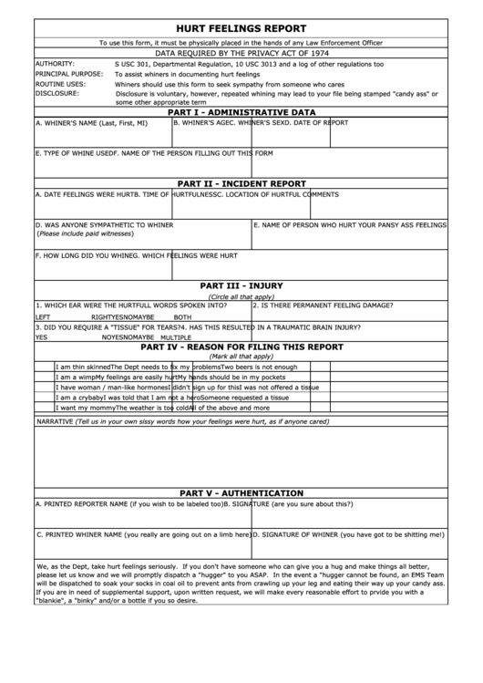 Hurt Feelings Report Funny Printable