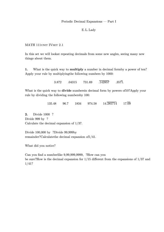Periodic Decimal Expansions printable pdf download