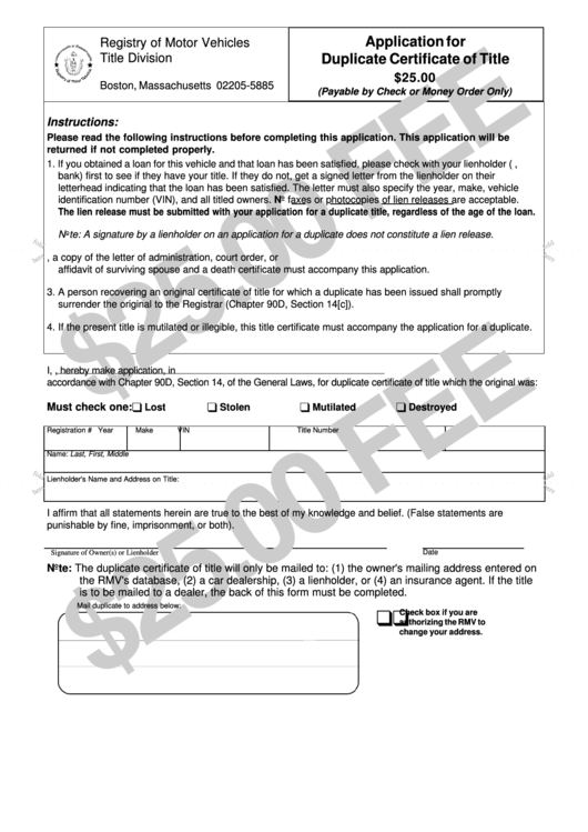 Application For Duplicate Certificate Of Title Registry Of Motor 