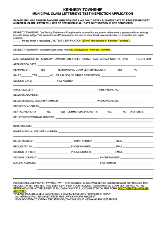 Municipal Claim Letter/dye Test Inspection Application printable pdf ...