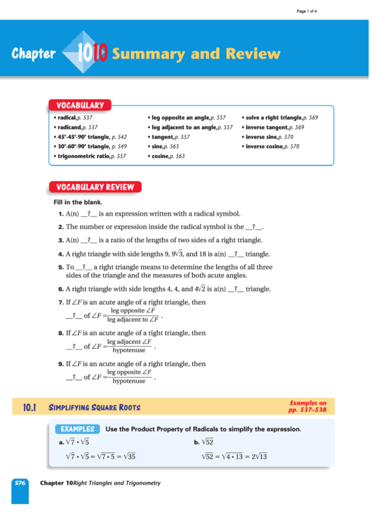Radicals, Trigonometric Ratio & Simplifying Square Roots printable pdf ...