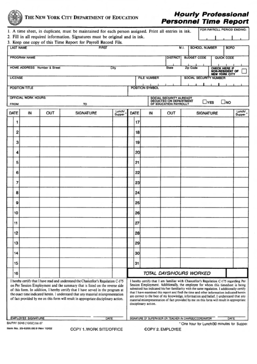 Fillable Hourly Professional Personnel Time Report - New York printable ...