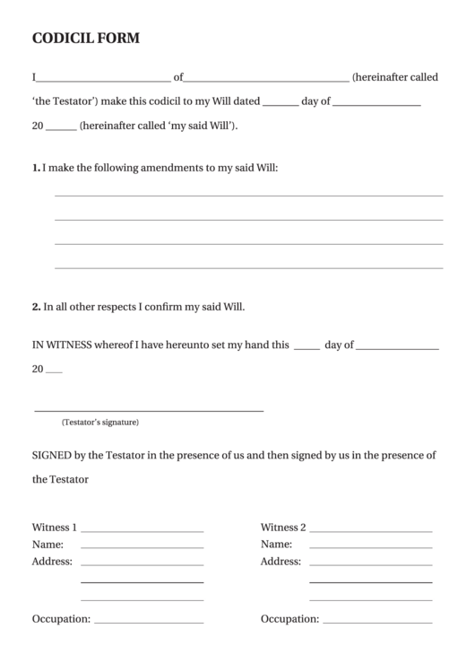 Sample Codicil Form Blank Printable Pdf Download