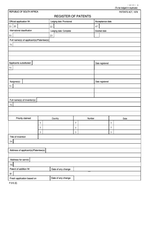 Fillable Register Of Patents printable pdf download