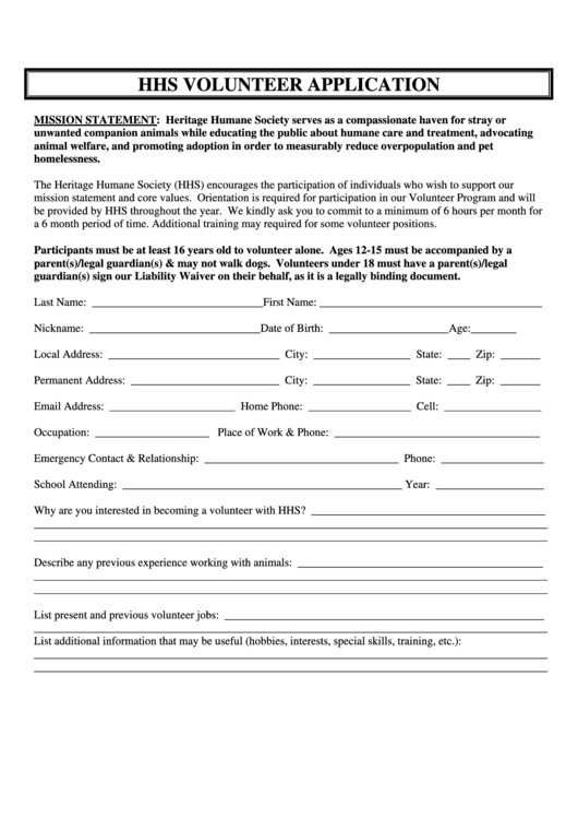Volunteer Application (Hhs) printable pdf download