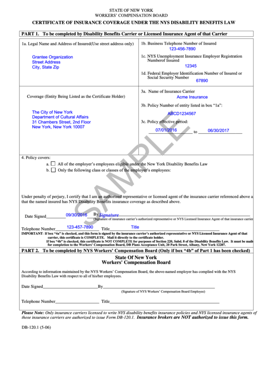 Form Db 120 1 Certificate Of Insurance Coverage Under The Nys