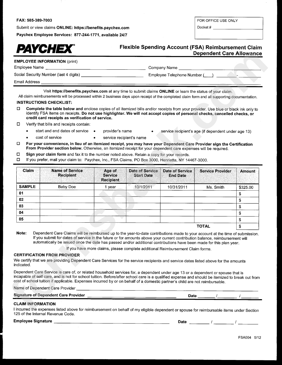 Form Fsa 004 Flexible Spending Account Fsa Reimbursement Claim 