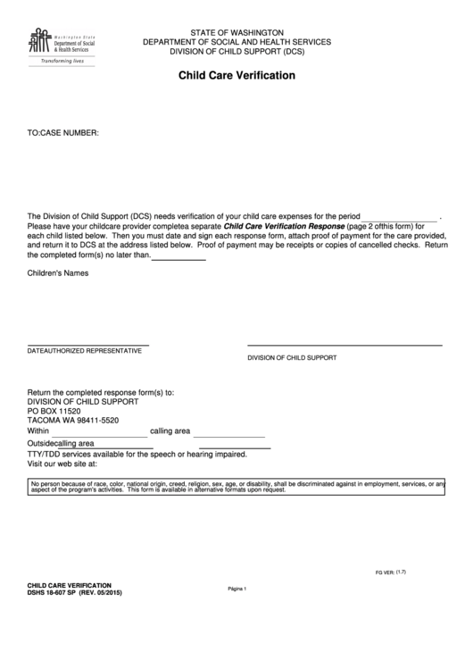Child Care Verification Printable Pdf Download