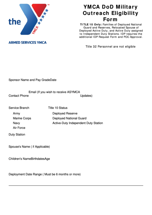 Fillable Ymca Dod Military Outreach Eligibility Form printable pdf download