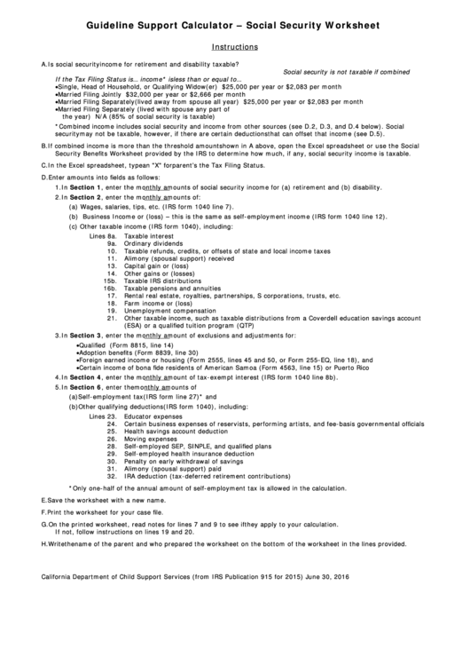 Guideline Support Calculator - Social Security Worksheet printable pdf ...