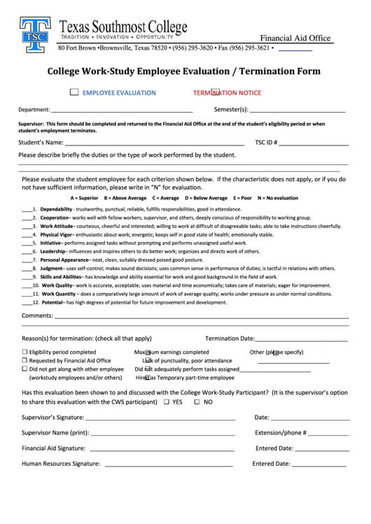 College Work-Study Employee Evaluation/termination Form printable pdf download