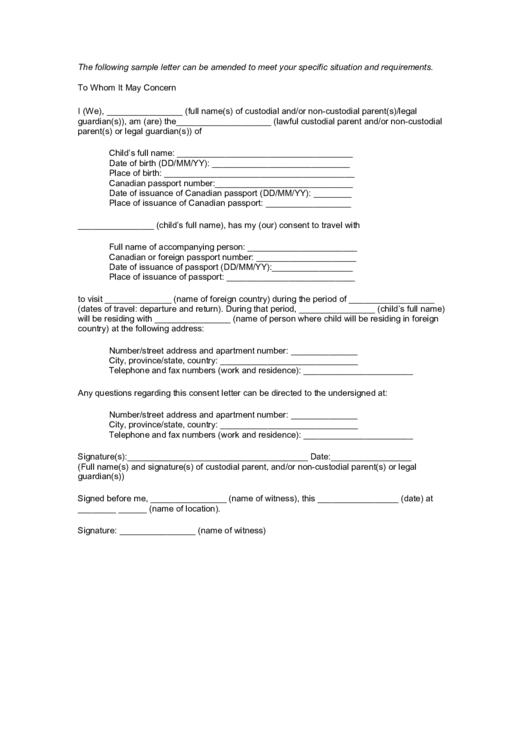 Letter Of Consent For Canadian Minors Travelling To Uk Printable Pdf 