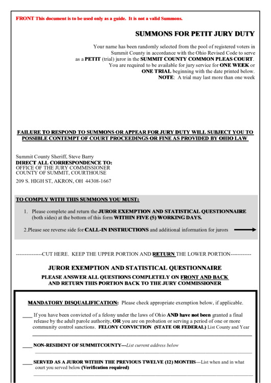Summons For Petit Jury Duty Printable Pdf Download