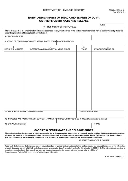 Fillable Cbp 7523, 2014, Carrier'S Certificate And Release printable ...