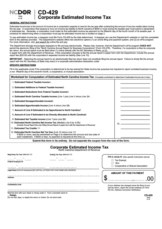 Cd-429 - Corporate Estimated Income Tax printable pdf download