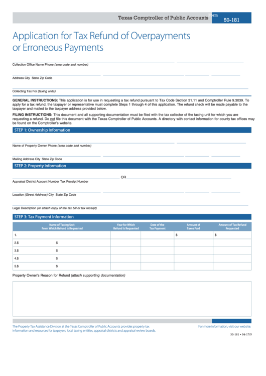 Fillable Application For Tax Refund printable pdf download