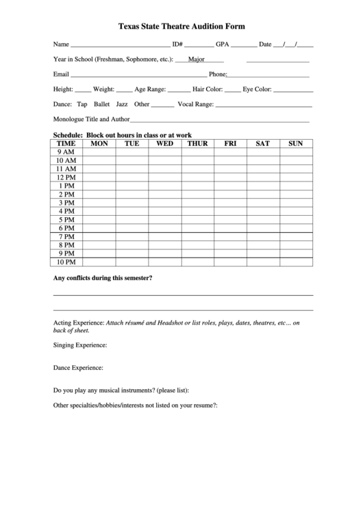 Theatre Audition Form Printable Pdf Download