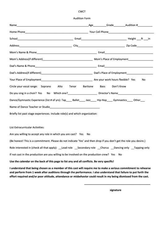 Audition Form Template Printable Pdf Download