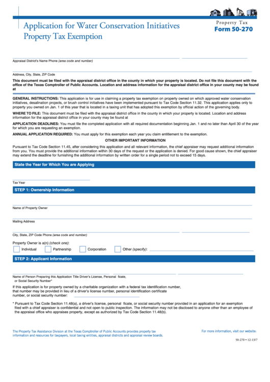 Fillable Form 50-270 - Property Tax Exemption printable pdf download