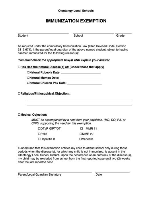 Immunization Exemption - Olentangy Local Schools printable pdf download