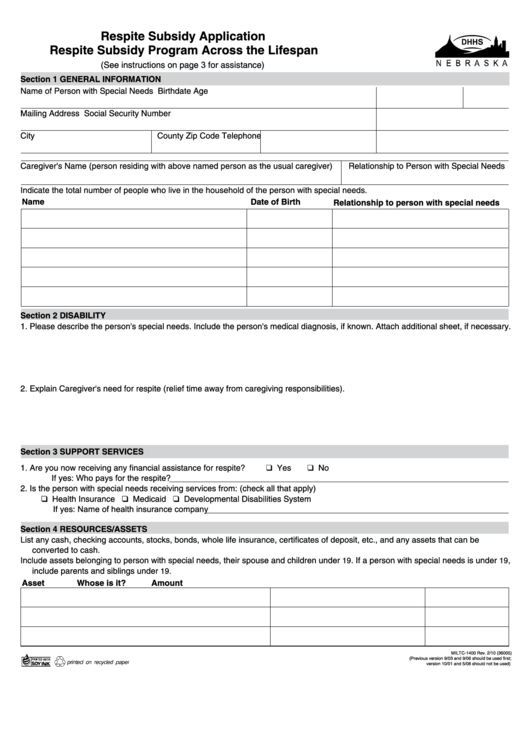 Fillable Respite Subsidy Application printable pdf download