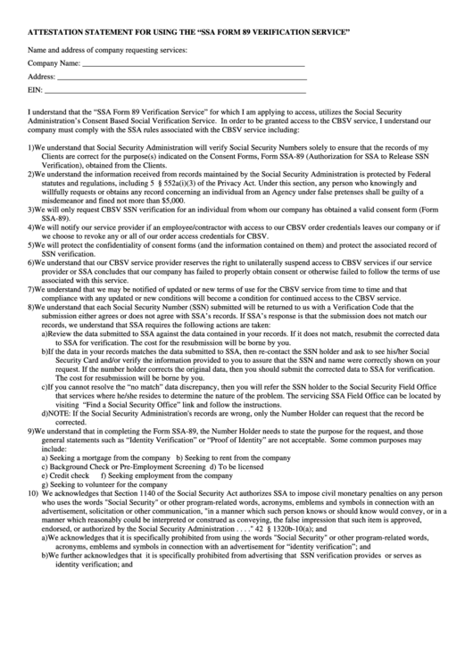 Attestation Statement For Ssa Form 89 Printable Pdf Download