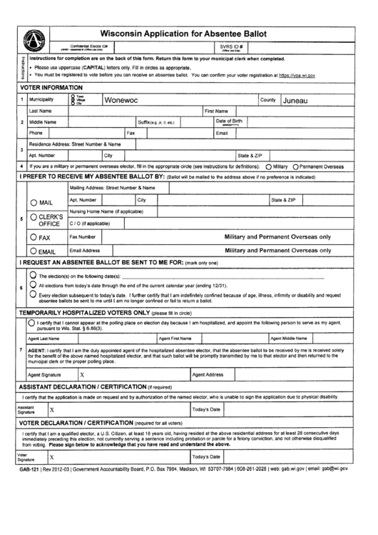 Gab-121 - Wisconsin Application For Absentee Ballot printable pdf download