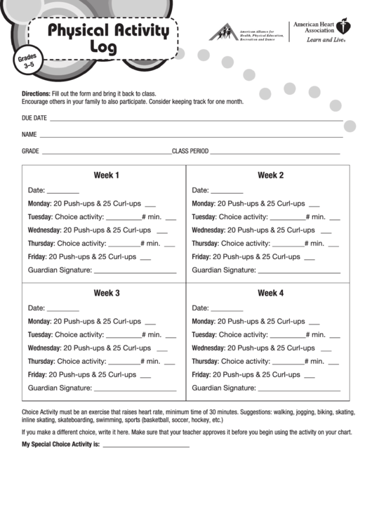 Physical Activity Log Sheet Printable Pdf Download